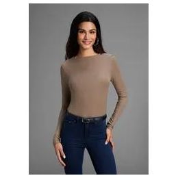 Longsleeve Bruno Banani, Damen, Gr. 36/38, taupe, Jersey, Obermaterial: 95% Viskose, 5% Elasthan, clean, unifarben, figurbetont hüftbedeckend, hoch geschlossener Ausschnitt, Shirts, mit Druckknopf-Detail auf der Schulter - NEUE KOLLEKTION