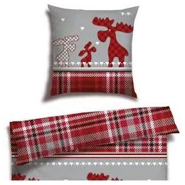 Bettwäsche Schiesser "Salous aus weichem Baumwollflanell mit Winterprint", rot, B/L: 135cm x 200cm, 1 Stk., 1 Stk., Feinbiber, B/L: 80cm x 80cm, 2 Stk., Feinbiber, Obermaterial: 100% Baumwolle, Bettwäsche, Made in Green