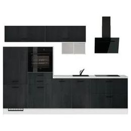 Küchenzeile IMPULS KÜCHEN ""München", Ausrichtung wählbar, Schubkästen mit Soft-Close", küche: schwarz, front: eiche, nachbildung schwarz, korpus: weiß, arbeitsplatte: weiß, B:300cm H:213,4cm T:60cm, Komplettküchen-Sets, vormontiert, wahlweise mit E-Geräten