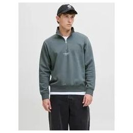 Jack & Jones Sweatshirt JACK & JONES "JJESOHO SWEAT QUARTER ZIP HN NOOS", Herren, Gr. L, stormy weather, angeraute Sweatware, Obermaterial: 80% Baumwolle, 20% Polyester, bedruckt, relaxed fit hüftlang, hoch geschlossener Ausschnitt, Rippbündchen, Sweatshirts, mit Print