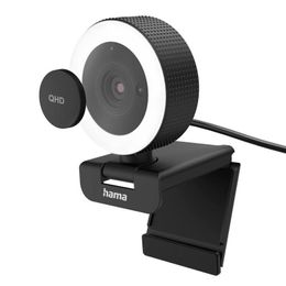 Hama Webcam »Webcam mit Mikrofon, QHD, Licht (PC-Kamera USB, 2560p, Fernbedienung)« QHD schwarz Magnetische Webcam-Abdeckung: ideal für Homeoffice,...