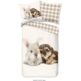 Good Morning Kinderbettwäsche »Cute Rabbit & Dog« 2 Stk. tlg. Biber, 135x200, Weich, Warm, Reißverschluss, Wendeoptik, Kind, Tier sand/natur...