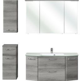 Badmöbel-Set SAPHIR "Quickset 4-teilig, Glaswaschtisch und LED-Spiegelschrank", grau (graphit struktur quer nachbildung), B:145cm H:200cm T:48cm, Spanplatte, Kastenmöbel-Sets, Unterschrank, Hängeschrank, inkl. Türdämpfer, 7 Türen, 1 Klappe