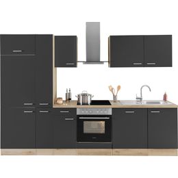 Küchenzeile Optifit "Iver Breite 300 cm", grau (küche: grau, front: anthrazit, korpus: wildeichefarben, arbeitsplatte: wildeichefarben), B:300cm H:207cm T:60cm, Komplettküchen-Sets, Küchenzeile, mit Hanseatic E-Geräten, inkl. Kühlschrank