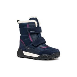 Winterboots Geox "J TREKKYUP GIRL B AB", Kinder, Gr. 28, blau (navy, lila), Leder, Textil, Schuhe, Klettstiefel mit Warmfutter, Größenschablone zum Download