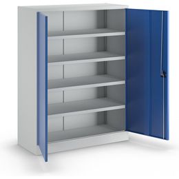 Pavoy Schwerlastschrank, extrabreit, H&ouml;he x Breite x Tiefe 1950 x 1470 x 630 mm, 4 Fachb&ouml;den, grau / blau