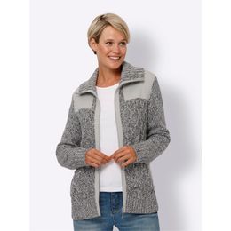 WITT Damen Strickjacke mit kontrastfarbigen Eins&auml;tzen, hellgrau-ecru-meliert, Gr&ouml;&szlig;e 50