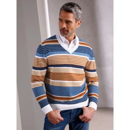WITT Herren V-Ausschnitt-Pullover mit Ringel-Muster, beige-mittelblau-gemustert, Größe 48