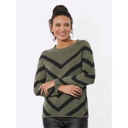 WITT Damen Jacquard-Pullover mit v-f&ouml;rmigen Streifenmuster, khaki-schwarz-gemustert, Gr&ouml;&szlig;e 54