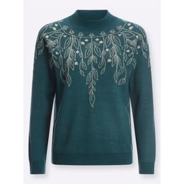 WITT Damen Stehkragenpullover mit Ranken-Strickmuster, petrol-sand, Gr&ouml;&szlig;e 52
