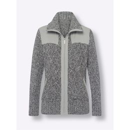 WITT Damen Strickjacke mit kontrastfarbigen Eins&auml;tzen, schwarz-ecru-meliert, Gr&ouml;&szlig;e 52