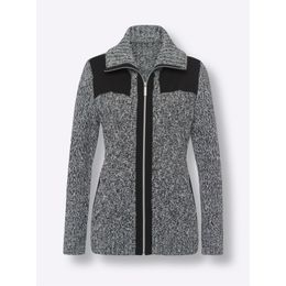 WITT Damen Strickjacke mit kontrastfarbigen Eins&auml;tzen, schwarz-ecru-meliert, Gr&ouml;&szlig;e 38