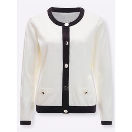 WITT Damen Strickjacke mit goldfarbigen Schmuckkn&ouml;pfen, ecru-schwarz, Gr&ouml;&szlig;e 50