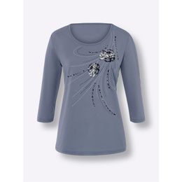 WITT Damen T-Shirt mit platziertem Bl&uuml;ten-Print, taubenblau, Gr&ouml;&szlig;e 52