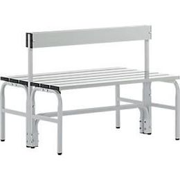 Umkleidebank, Edelstahlrohr/Alu, doppelt mit Rückenteil, 1500 mm breit, weißalu