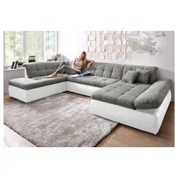 Wohnlandschaft DOMO collection "Moric U-Form, auch in Cord, Breite 353cm, viel Platz", grau (weiß, weiß, grau), B:353cm H:80cm T:95cm, Microfaser PRIMABELLE / Struktur (90% Polyester/ 10% Polyacryl);Kunstleder SOFTLUX / Struktur (90% Polyester/ 10% Polyacryl), Sofas, im XXL-Format, wahlweise mit Bettfunktion und Armlehnenverstellung