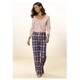 Pyjama Vivance DREAMS, Damen, Gr. 40/42, bunt (hellrosa, navy), Single Jersey, Obermaterial: 100% Baumwolle, kariert, lang, V-Ausschnitt, eingesetzt, Homewear-Sets Pyjama, mit Karo Muster