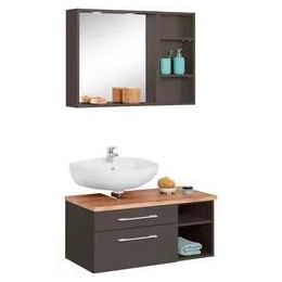Badmöbel-Set Welltime "Davos", grau (graphit, grau), Siphonausschnitt links, Holzwerkstoff, Kastenmöbel-Sets, Spiegel inklusive Beleuchtung, Regal und Waschplatz
