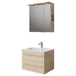 Badmöbel-Set SAPHIR "Serie 6025 2-teilig Mineralmarmor-Waschtisch mit LED-Spiegelschrank", braun (polar pinie quer nb), B:67cm H:200cm T:48cm, Spanplatte, Kastenmöbel-Sets, Waschplatz 67 cm breit, 2 Schubladen, 2 Spiegel-Türen, inkl Türdämpfer