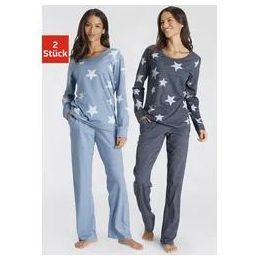 Pyjama Vivance DREAMS, Damen, Gr. 40/42, blau (hellblau, marine, sterne), Single Jersey, Obermaterial: 50% Baumwolle, 50% Polyester, Basic lang, Rundhals, angesetztes Bündchen, Homewear-Sets, in melierter Optik mit Sternen