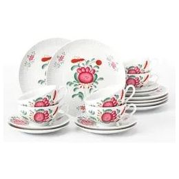 Teeservice Seltmann Weiden "Geschirr-Set, 18 Teile, Amina Ostfiesenrose, groß", bunt (weiß, rot, grün), 18 Stk., Porzellan, Geschirr-Sets, Stäbchenrelief, die Ostfriesenrose, Blütenmotiv