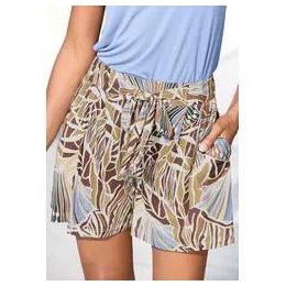 Strandshorts Lascana, Damen, Gr. 38, N-Gr, bunt (creme, khaki, hellblau, braun bedruckt), Jersey, Obermaterial: 100% Viskose, bedruckt, Modisch, figurumspielend kurz, Hosen, mit fixiertem Bindegürtel, kurze Hose mit Alloverprint