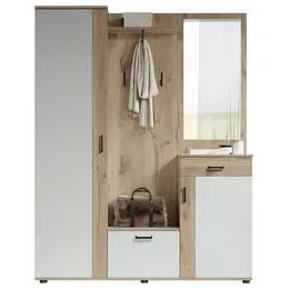 HBZ-MEBLE Kompaktgarderobe HBZ "Jens mit Spiegel, Flurgarderobe BxHxT 145x184x29 cm", weiß (viking oak, lichtgrau), B:145cm H:184cm T:29cm, Holzwerkstoff, Schränke, Mit Hochschrank, Bank, Paneel und Kommode