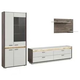 Wohnwand Inosign "Treviso, Breite 299 cm, bestehend aus: 1x Vitrine, 1x Lowboard und", grau (nox oak dunkel, hellgrau nachbildung), B:299cm H:198cm T:43cm, Spanplatte, Kastenmöbel-Sets, 1x Wandboard, Kombination, Wohnkombination, Mediawand, TV-Wand