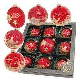 Weihnachtsbaumkugel KREBS GLAS LAUSCHA "Bethlehem Xmas Night, 8 Kugeln, 1 Taler mit Komet & Stern, 8 cm", rot, Ø:8cm, Glas, Weihnachtsbaumkugeln, Weihnachtsdeko, Christbaumschmuck, Christbaumkugeln aus Glas