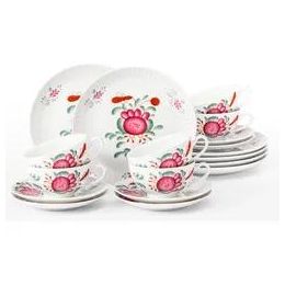 Teeservice Seltmann Weiden "Geschirr-Set, 18 Teile, Amina Ostfiesenrose, klein", bunt (weiß, rot, grün), 18 Stk., Porzellan, Geschirr-Sets, Stäbchenrelief, die Ostfriesenrose, Blütenmotiv