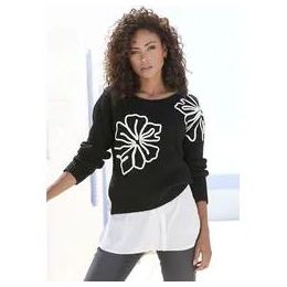 Strickpullover Lascana, Damen, Gr. 32/34, schwarz, Strick, Obermaterial: 83% Polyester, 7% Polyacryl, 6% Polyamid, 4% Wolle. Besatz: 100% Polyacryl, bestickt, unifarben, figurumspielend hüftlang, tiefer Rundhals, Rippbündchen, Pullover, mit Blumen-Applikation, Winterpullover, modisch