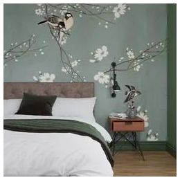 Fototapete Art for the home "Vögel & Blüten", blau, H:2,8m L:2,8m, Vlies, Tapeten, Design Tapeten