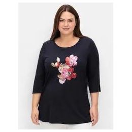 3/4-Arm-Shirt sheego "3/4-Arm-Shirt", Damen, Gr. 48/50, blau (tiefblau), 50% Baumwolle, 50% Modal, bedruckt, gemustert, mehrfarbig, Rundhals, Shirts