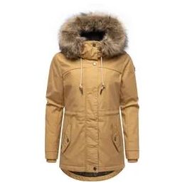 Winterjacke Ragwear "Tawny Short YOUMODO", Damen, Gr. XS (34), camelfarben, Außenmaterial: 65% Polyester, 35% Baumwolle, Innenfutter: 100% Polyester, Wattierung: 100% Polyester, tailliert hüftbedeckend, mit Knopf Rippstrickbündchen, Jacken, Warme Jacke mit großer Kapuze und Kunstfellkragen