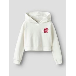 Kapuzensweatshirt name it "NKFKORY LS CROP BOXY SWE WH BRU PS NOOS", Mädchen, Gr. 116, weiß (cloud dancer), Sweatware, Obermaterial: 60% Baumwolle, 40% Polyester, bedruckt, relaxed fit normal, ohne Ausschnitt, Rippbündchen, Sweatshirts