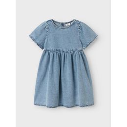 Jeanskleid name it "NMFGEMMA LOOSE DNM DRESS 4070-OV H", Mädchen, Gr. 128, N-Gr, blau (medium blau denim), Denim/Jeans, Obermaterial: 100% Baumwolle, unifarben, Rundhals, Kleider