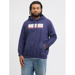 Jack & Jones PlusSize Kapuzensweatshirt "JORINWOOD BLOCK BRANDING SWEAT HOO PLS", Herren, Gr. 6XL, blau (ocean cavern), angeraute Sweatware, Obermaterial: 70% Baumwolle, 30% Polyester, JACK & JONES PLUSSIZE, bedruckt, regular fit normal, Rippbündchen, Sweatshirts