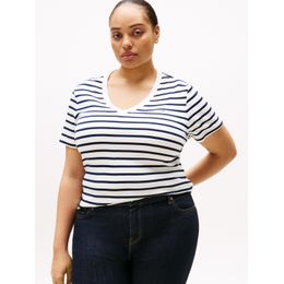 V-Shirt Tommy Hilfiger Curve "CRV SLIM CODY V-NK SS", Damen, Gr. 46, blau (breton schwarz night navy stp), Single Jersey, Obermaterial: 100% Baumwolle, gestreift, slim fit normal, V-Ausschnitt, abgerundeter Saum, Shirts, in Großen Größen