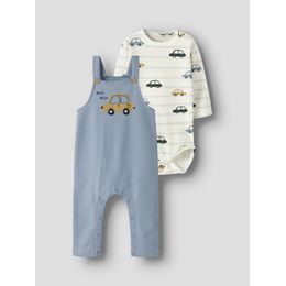 Overall name it "NBMVONNE SWEAT OVERALL BOX BRU SET", Baby, Gr. 68, blau (dusty blau), Sweatware, Obermaterial: 95% Baumwolle, 5% Elasthan, bedruckt, regular fit normal, Rundhals, Overalls