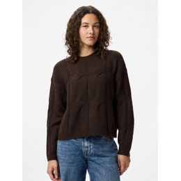 Strickpullover Pieces "PCJENNA LS O-NECK CABLE KNIT NOOS BC", Damen, Gr. M, hot fudge, Strick, Obermaterial: 79% Polyester, 13% Polyacryl, 5% Wolle, 3% Elasthan, unifarben, regular fit normal, Rundhals, Rippbündchen, Pullover