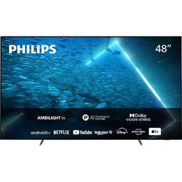 Philips OLED-Fernseher »48OLED707/12« 121 cm/48 ′′ Android TV Smart-TV 3-seitiges Ambilight silber Jedes Bild – einfach echt. P5 Picture Engine...
