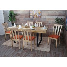 6er-Set Esszimmerstuhl HWC-G46, Küchenstuhl Stuhl, Stoff/Textil Massiv-Holz ~ naturfarbenes Gestell, orange