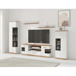 Wohnwand Home Affaire "Ribe Wohnwand Set-5 St.", weiß, eiche, B:260cm H:180cm T:35cm, Holzwerkstoff, Massivholz, Kastenmöbel-Sets, Glaseinsatz aus gehärtetem Glas,Böden teilweise versetzbar