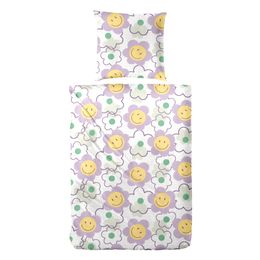 Bettwäsche Primera "Renforce-Bettwäsche Smile for me", lila, B/L: 155cm x 220cm, 1 Stk., 1 Stk., Renforcé, B/L: 80cm x 80cm, 2 Stk., Renforcé, Obermaterial: 100% Baumwolle, Bettwäsche, mit Smiley Blüten in bunten Farben