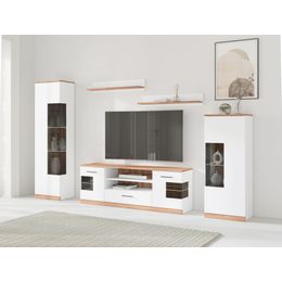 Wohnwand Home Affaire "Ribe Wohnwand Set-5 St.", weiß, kernbuche, B:260cm H:180cm T:35cm, Holzwerkstoff, Massivholz, Kastenmöbel-Sets, Glaseinsatz aus gehärtetem Glas,Böden teilweise versetzbar
