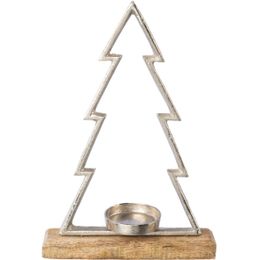 Teelichthalter CREATIV DECO "Weihnachtsdeko", silber (silberfarben, natur), B:23cm H:34cm T:8cm, Aluminium, Holz teilmassiv, Kerzenhalter, Teelichthalter, auf hochwertiger Mangoholzplatte, in Tannenbaum-Form, Höhe ca. 34 cm