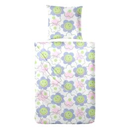 Bettwäsche Primera "Renforce-Bettwäsche Smile for me", blau, B/L: 155cm x 220cm, 1 Stk., 1 Stk., Renforcé, B/L: 80cm x 80cm, 2 Stk., Renforcé, Obermaterial: 100% Baumwolle, Bettwäsche, mit Smiley Blüten in bunten Farben