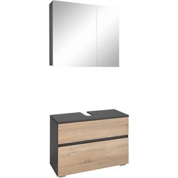 Badmöbel-Set Home Affaire "Wisla", grau (anthrazit, eichefarben sonoma), B:80cm H:125cm T:35cm, Spanplatte, Kastenmöbel-Sets, Spiegelschrank, WBU mit Siphonausschnitt u. Push-to-open, Breite 80 cm