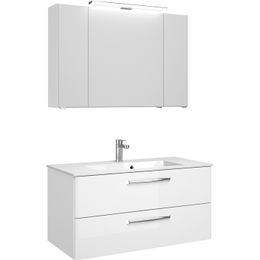 Badmöbel-Set SAPHIR "Trentino 2-tlg Mineralmarmor-Waschtisch, Spiegelschrank mit LED-Profil", weiß (weiß hochglanz), Kastenmöbel-Sets, Badmöbel-Set 110cm breit, inkl. Türdämpfer, 3 Türen, 2 Auszügen
