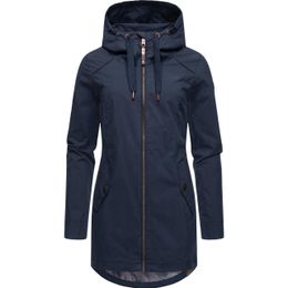 Outdoorjacke Ragwear "Mondda", Damen, Gr. XS (34), blau (navy), Obermaterial: 74% Baumwolle, 26% Nylon; Innenfutter: 100% Polyester, figurumspielend ca. Mitte Oberschenkel, hoch geschlossener Ausschnitt, Ärmel ohne Ärmelschlitz normaler Saum mit Druckknopf, Jacken, schicker Damen Übergangsparka mit tollen Details